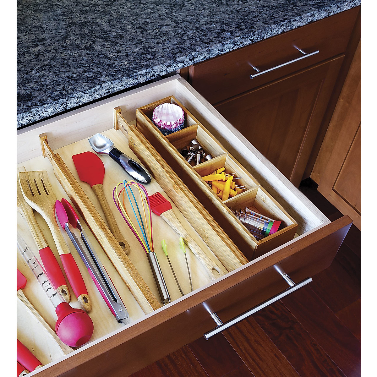 Lipper International 8896 Bamboo Wood Custom Fit Adjustable Kitchen Drawer Dividers, Set of 2