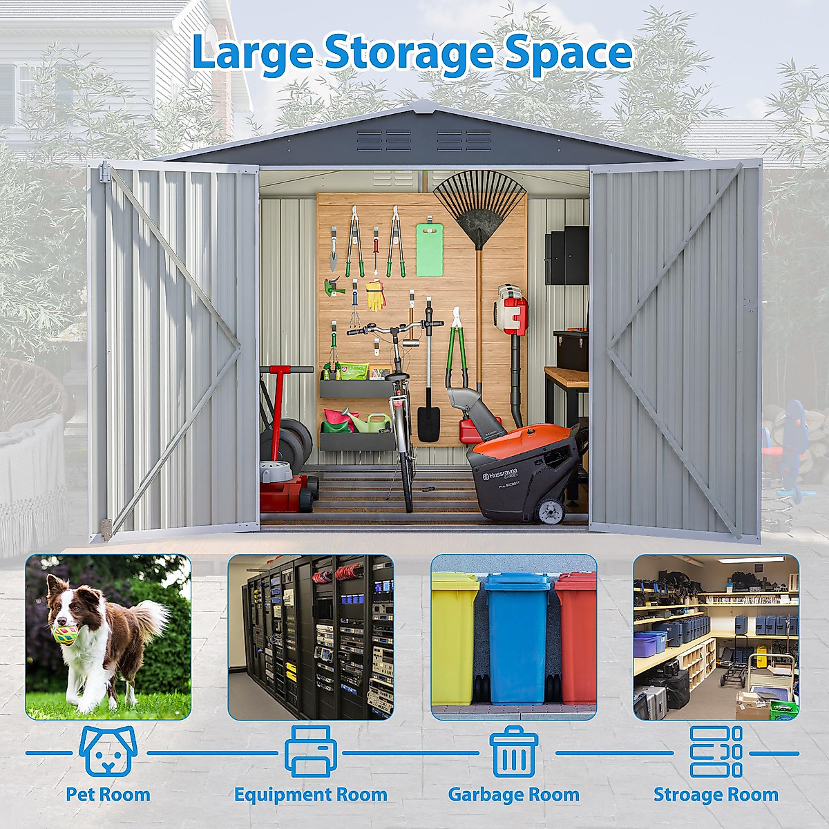 Outdoor Metal Storage Shed with Lockable Door, Garden Tool Shed with Metal Floor Base Outside Storage House Clearance Steel Yard Shed for Backyard, Patio, Lawn, Outside Use (8 x 6Ft-Gray)