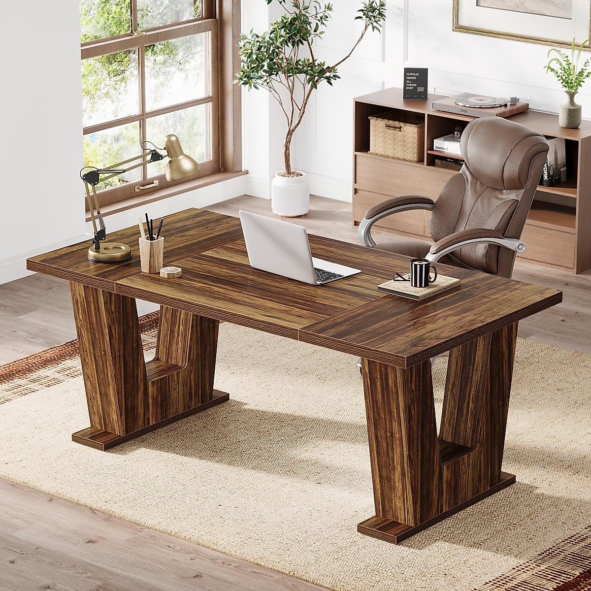 Tribesigns 63-Inch Wood Executive Desk, Large Office Computer Desk, Industrial Simply Style Study Writing Desk Business Workstation for Home Office