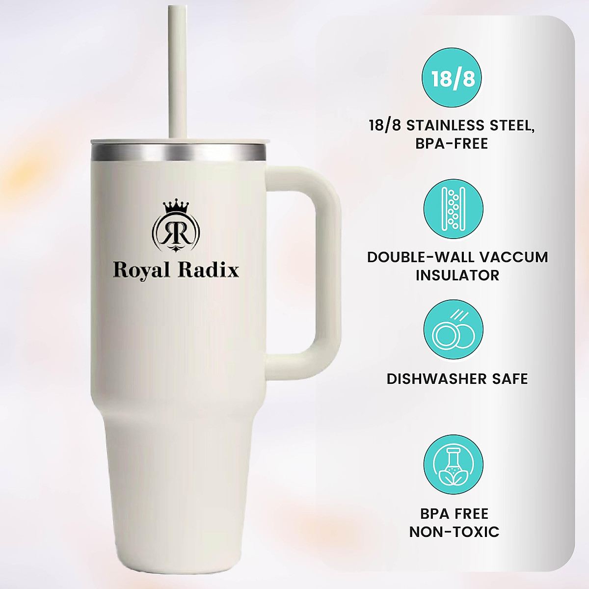 Royal Radix 40oz Insulated Tumbler with Handle & Straw, Stainless Steel Travel Mug, Leak-Proof, Hot & Cold Beverage Cup, BPA-Free, Dishwasher Safe, for Coffee & Water