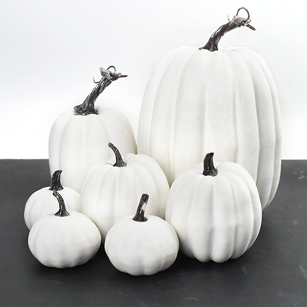 7Pcs Halloween Artificial Pumpkin Halloween Foam Pumpkin Faux Fall Harvest Pumpkins Thanksgiving or Halloween Decoration (White, 7Pcs)