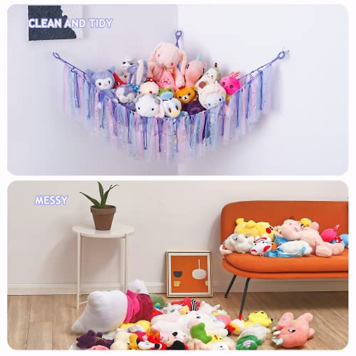 LONCHDAN Stuffed Animal Hammock, Stuffed Animal net or Hammock with LED Hammock for Stuffed Animals Storage Macrame Netting Plushie Hanging Corner for Nursery Bedroom (Purple)