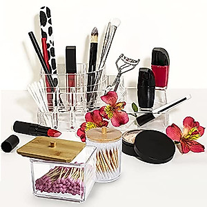 YuCool Acrylic Round and Square Holder Dispenser with Bamboo Lid for Cotton Ball Pad Bath Salt