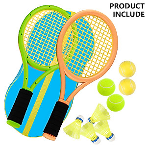 Kids Tennis Racket,17 Inch Plastic Tennis Racket with 2 Soft Balls,2 Tennis Balls and 4 Shuttlecocks for Kid,Toddler Outdoor/Indoor Sport Play (Green&Yellow)