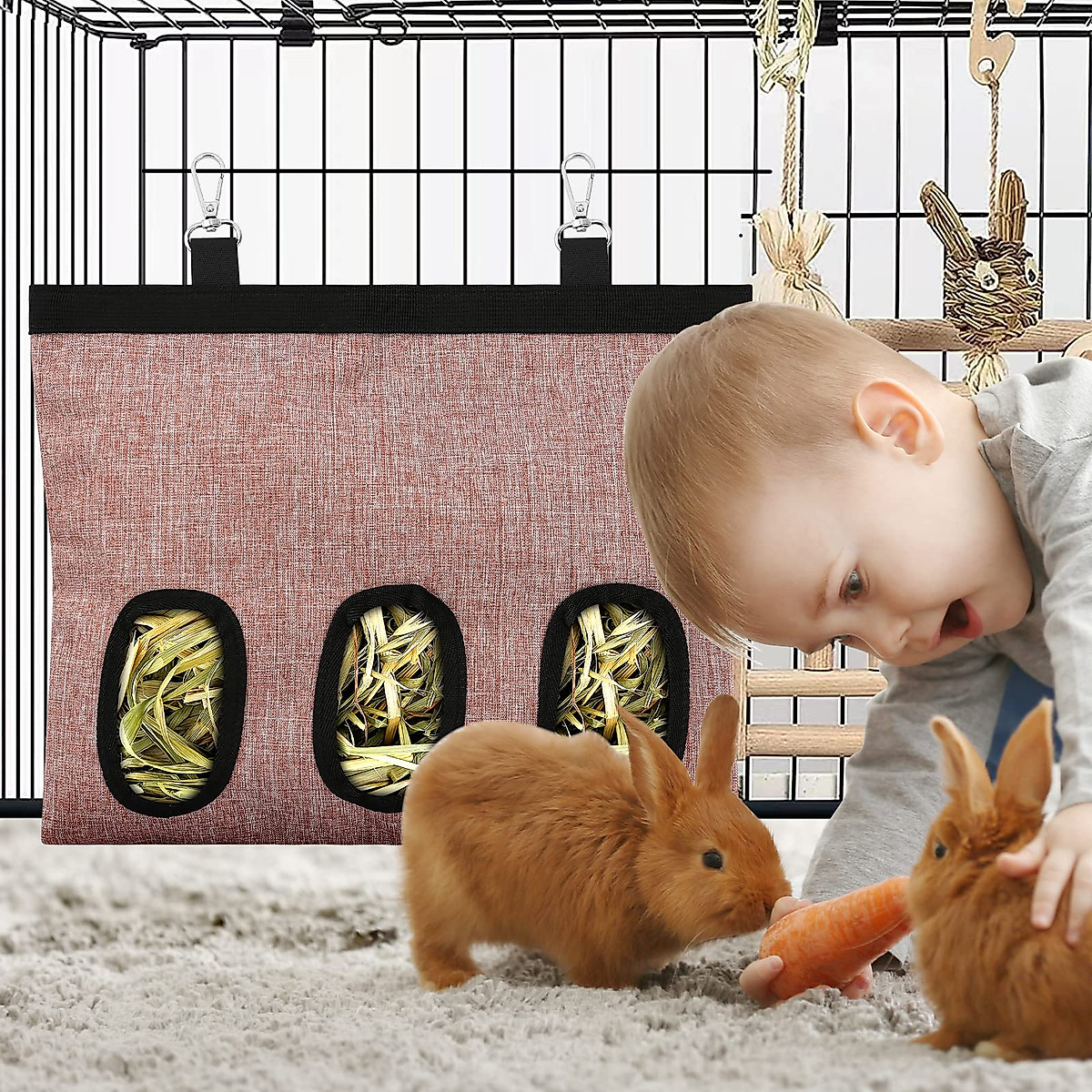 Bunny Hay Feeder Bag，Rabbit Hay Feeder Bag for Cage Guinea Pig Timothy Hay Dispenser Storage Manger Hanging Large Less Waste for Bunny (Light coffee color)