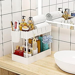Under Sink Organizer, AIYAKA 2 Tier Storage Rack, Under Cabinet Organizer Baskets with 6 Hooks and 1 Cup for Bathroom Kitchen Pantry Bedroom, White