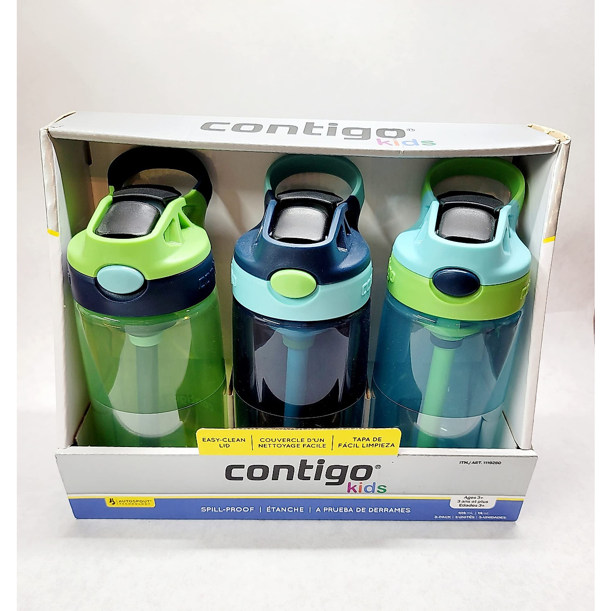 Contigo Kids Water Bottle, 14 oz with Autospout Technology – Spill Proof, Easy-Clean Lid Design – Ages 3 Plus, Top Rack Dishwasher Safe, 3-Pack, Green / Blue, blue green