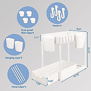 Under Sliding Cabinet Basket Organizer, 2-Tier Kitchen Under Sink Storage Drawer Rack Organizer Dust-proof Water-proof, Expandable Under Sink Organizer with 2 Cups and 4 Hooks, White