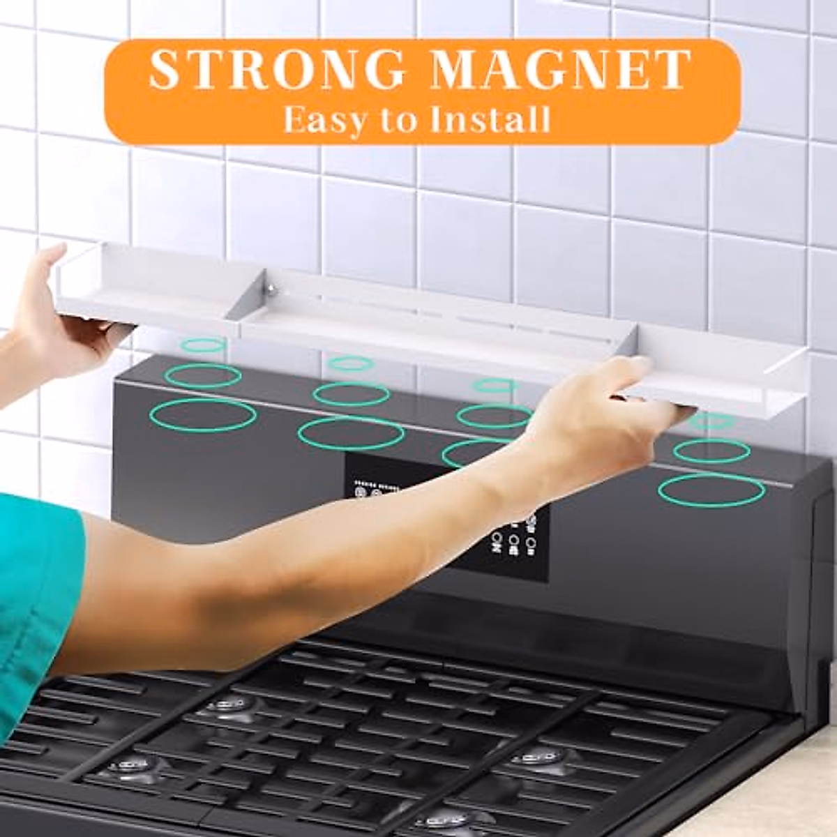 JANSNIMEN Magnetic Stove Top Shelf Spice Rack, 15"-30" Adjustable Stove Shelf for Back of Stove, Seasoning Organizer Kitchen Shelves Gadgets with 3 Functional Partitions