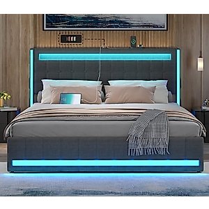 Dnxao Queen LED Bed Frame with USB Charging Station, Upholstered Platform Queen Size Bed Frame with LED Lights Headboard Footboard, Heavy Duty Metal Slats, No Box Spring Needed, Dark Grey