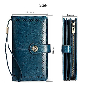 MANBANG Wallets for Women Leather Credit Card Holder with RFID Blocking Large Capacity Wristlet (Blue)