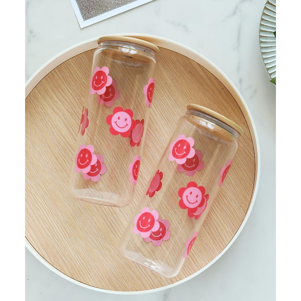 Olvini 20oz Glass Cups with Bamboo Lids and Glass Straws Set of 2 - Can Shaped Drinking Glasses, Cute Iced Coffee Cup, Glass Tumbler, Aesthetic Cups, Smiley Face