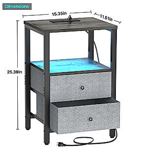 Cyclysio NightStands Set of 2 with LED Lights, Night Stand with Charging Station, 25.6'' Bedside Tables with 2 Drawers for Bedroom Living Room, Grey