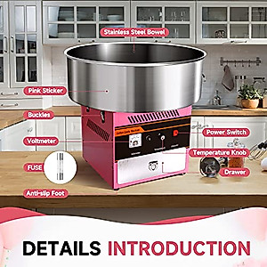LIANQIAN 980W Cotton Candy Machine, Electric Cotton Candy Maker With Stainless Steel Bowl, Sugar Scoop, Storage Drawer, Commercial Candy Floss Maker for Family, Party Carnival, Amusement Park-Pink