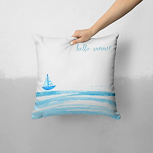 iiRov Hello Summer Sailboat - Custom Decorative Home Decor Indoor or Outdoor Throw Pillow Cover Plus Cushion Set for Sofa, Bed or Couch (Pillow CASE Cover Plus Cushion)