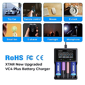 XTAR VC4 Plus Battery 3A Fast Charger, 4 Bay Rechargeable Battery Charger Extend Version for 3.6V 3.7V 18650/20700/21700 Li-ion IMR INR ICR for 1.2V AAA SC Ni-MH Ni-CD with QC3.0 Adapter