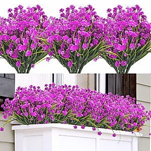 Artificial Fake Flowers, 4 Bundles Outdoor UV Resistant Greenery Shrubs Plants Indoor Outside Hanging Planter Home Garden Décor（Purple）