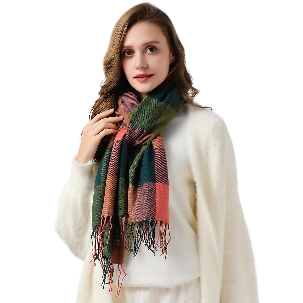 Scarf for Women - Women's Fall Winter Scarfs, Classical Scottish Checked Long Shawl Wrap Scarf, Soft and Warm Cashmere Scarf, Scarves for Women Lightweight- Pink & Green