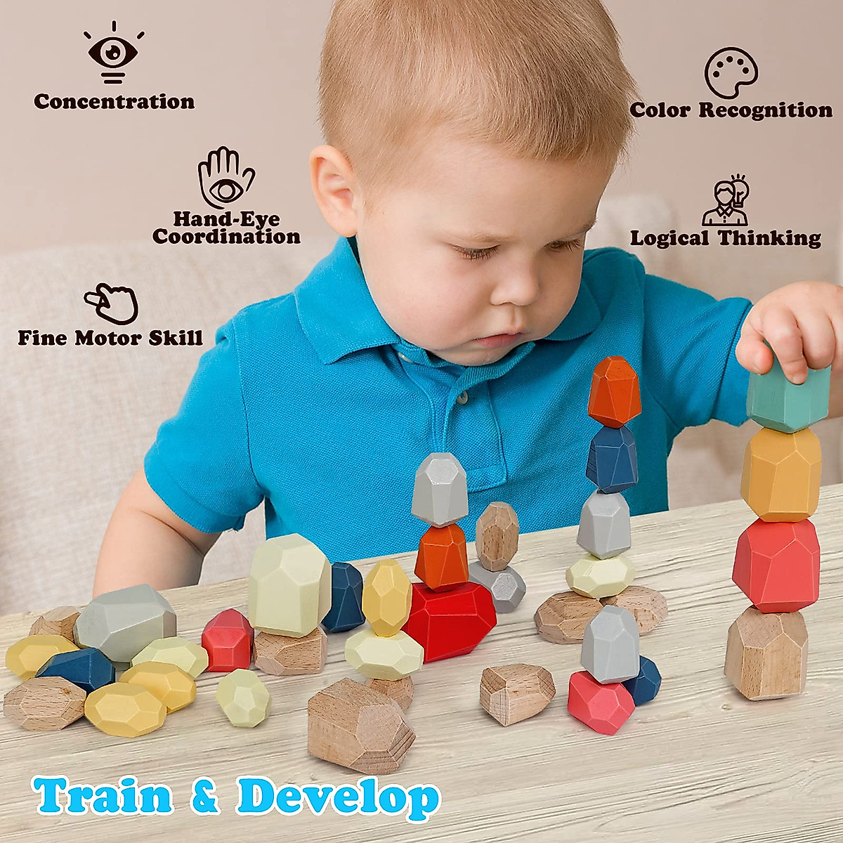 36PCS Wooden Sorting Stacking Rocks Building Blocks for 3 4 5 6 Years Old Kids, Balancing Stones Game Educational Preschool Learning Montessori Toys Toddler Fine Motor Skill Sensory Toy, Boy Girl Gift
