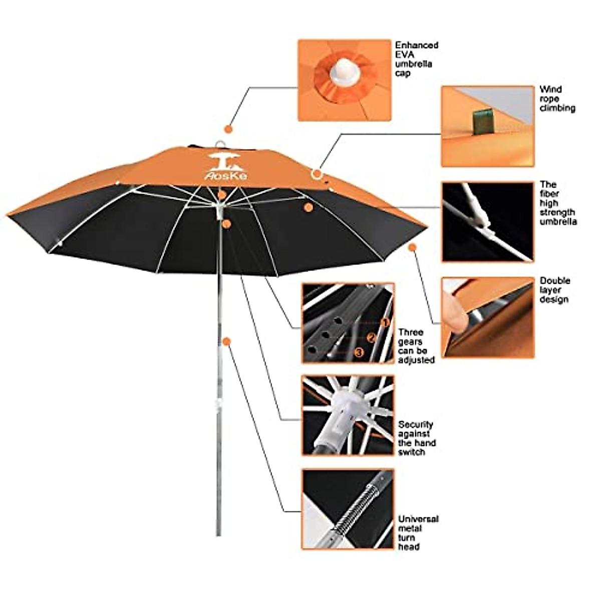 AosKe Beach Umbrella UV 50+,Umbrella with Sand Anchor & Tilt Aluminum Pole, Outdoor Sunshade umbrella with handbag, Portable Beach Umbrella with Carry Bag for Beach Patio Garden Outdoor- Orange