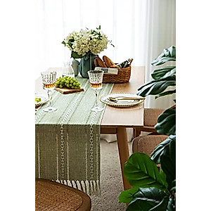 ZeeMart Farmhouse Table Runner, Rustic Table Runners 72 Inches Long, Linen Boho Table Runner, Braided Striped Green Table Runner for Dining Party Holiday, 15x72 Inches, Hollow Grass Green