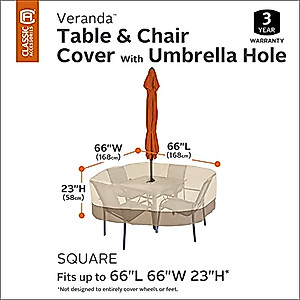 Classic Accessories Veranda Water-Resistant 66 Inch Square Patio Table & Chair Set Cover with Umbrella Hole, Outdoor Table Cover, Pebble