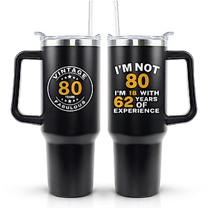 Qeenking 80th Birthday Gifts for Him Her - Birthday Tumbler for Women Men Dad Mom - 40 OZ Stainless Steel Cup Travel Mug Water Bottle with Handle and Straw - The Best Birthday Gift Ideas