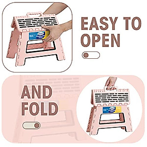 Korpai The Latest 9" Folding Step Stool for Adults and Kids Holds Up to 300 lbs,Non-Slip Folding Stools with Portable Handle, Compact Plastic Foldable Step Stool for Bathroom,Kitchen,Sakura Pink,1PC