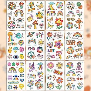Konsait Groovy 70s Temporary Tattoos for Kids, 90 Pcs Glow in Dark Hippie Tattoos Stickers Flower Rainbow Butterfly Love and Peace Face Tattoos for Girls Flower Power Birthday Party Favor Supplies