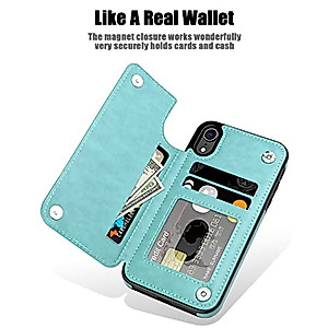 MMHUO for iPhone XR Case with Card Holder, Flower Magnetic Back Flip Case for iPhone XR Wallet Case for Women, Shockproof Protective Case Full Cover Phone Case for iPhone XR,Mint