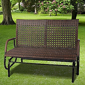 Rattan Glider Bench Outdoor 2-Person Wicker Rocking Chair Patio Loveseat Patio Furniture Set Outdoor Furniture Patio Furniture Bench Garden Decor Patio Decor Outdoor Decor Outdoor Bench