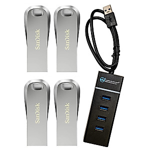 SanDisk Ultra Luxe 32GB USB 3.1 Flash Drive (4 Pack) Works with Computer, Laptop, 150MB/s PenDrive High Speed All Metal (SDCZ74-032G-G46) Bundle with (1) Everything But Stromboli 4 Port USB 3.0 Hub