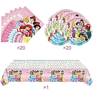 41pcs Princess Birthday Party Supplies ,20 Plates + 20 Napkin + 1Tablecloth Princess Party Decorations Supplies ， Kids Party Decoration Supplies