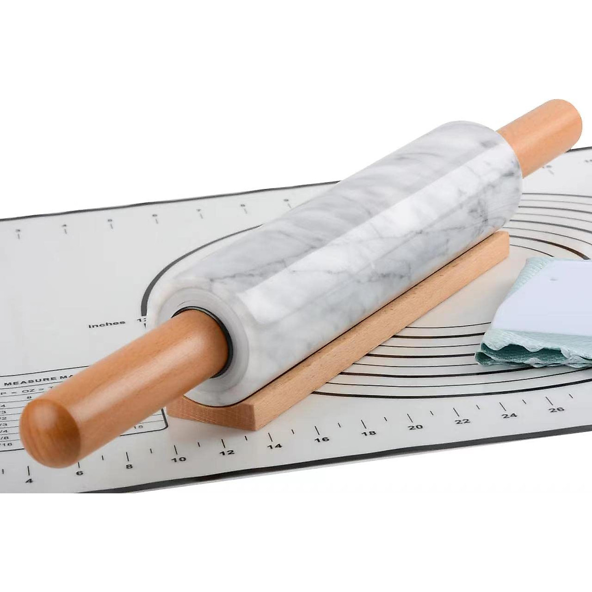 Aisiming Upgraded Marble Rolling Pin Set,Built-in Bearing,Polished 18-inch Roller,Easy Rolling,Beech Wooden Handles and Cradle,with Silicone Baking Mat,Dough Scraper,Easy to Clean(White)