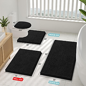 Smiry Luxury Chenille Bath Rug, Extra Soft and Absorbent Shaggy Bathroom Mat Rugs, Machine Washable, Non-Slip Plush Carpet Runner for Tub, Shower, and Bath Room(16''x24'', Black)