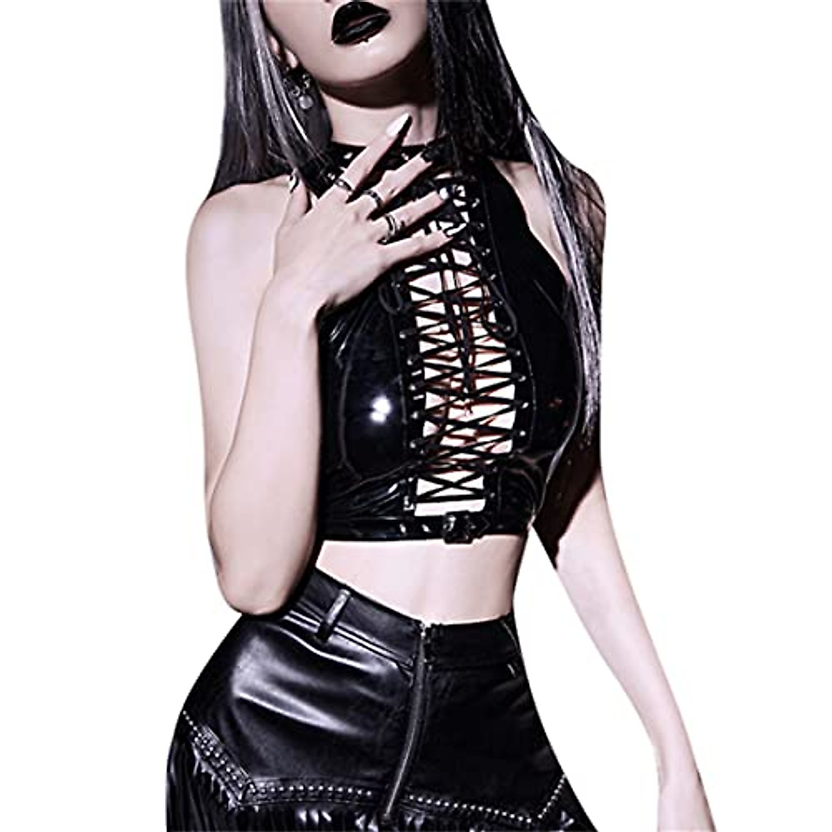 Women Goth Crop Top Black Leather Punk Harajuku Bandage Buckle Vest Hollow Out Halter Neck Camisole