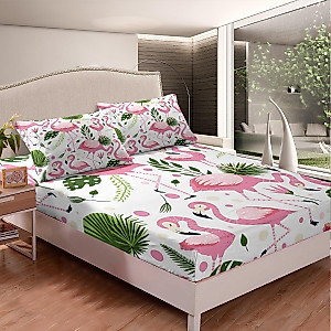 Feelyou Flamingo Bed Sheets Set Twin Size, Pink Flamingo Sheet Set for Kids Tropical Flamingo Pattern Sheets with Deep Pocket Fitted Sheet Plam Leaf Bedding Set Microfiber Bed Set