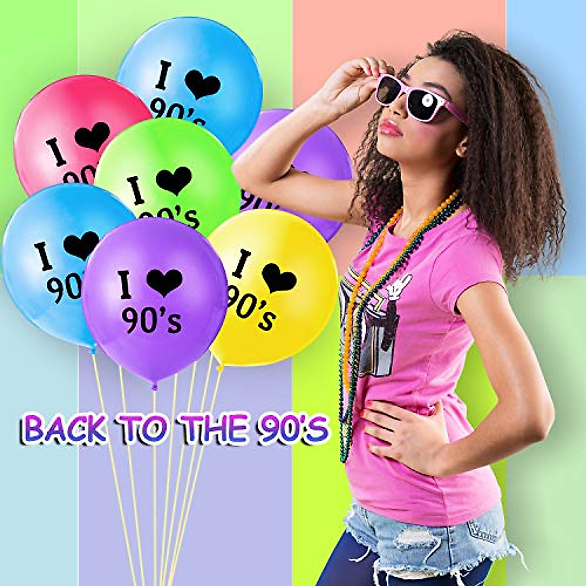 30 Pcs I Love 90s Balloons & Gold Ribbons | Throwback Party Decor