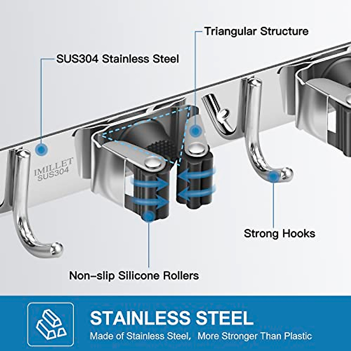 IMILLET 2 Pack Broom Holder Wall Mount, Broom Holder Stainless Steel 5 Racks with 4 Hooks Broom Organizer Wall Mount Self Adhesive Laundry Room Organization Heavy Duty Garage Organization Storage