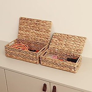 Citylife Water Hyacinth Storage Baskets with Lids Handwoven Wicker Baskets for Shelves Stackable Woven Storage Bins for Organizing, Set of 3