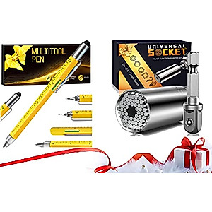 Gifts for Men Multitool Pen - Stocking Stuffers for Men Dad Cool Tool Gadget for Husband + Universal Socket Tools Gifts for Men Dad - Christmas Stocking Stuffers for Men Socket Set with Power Drill