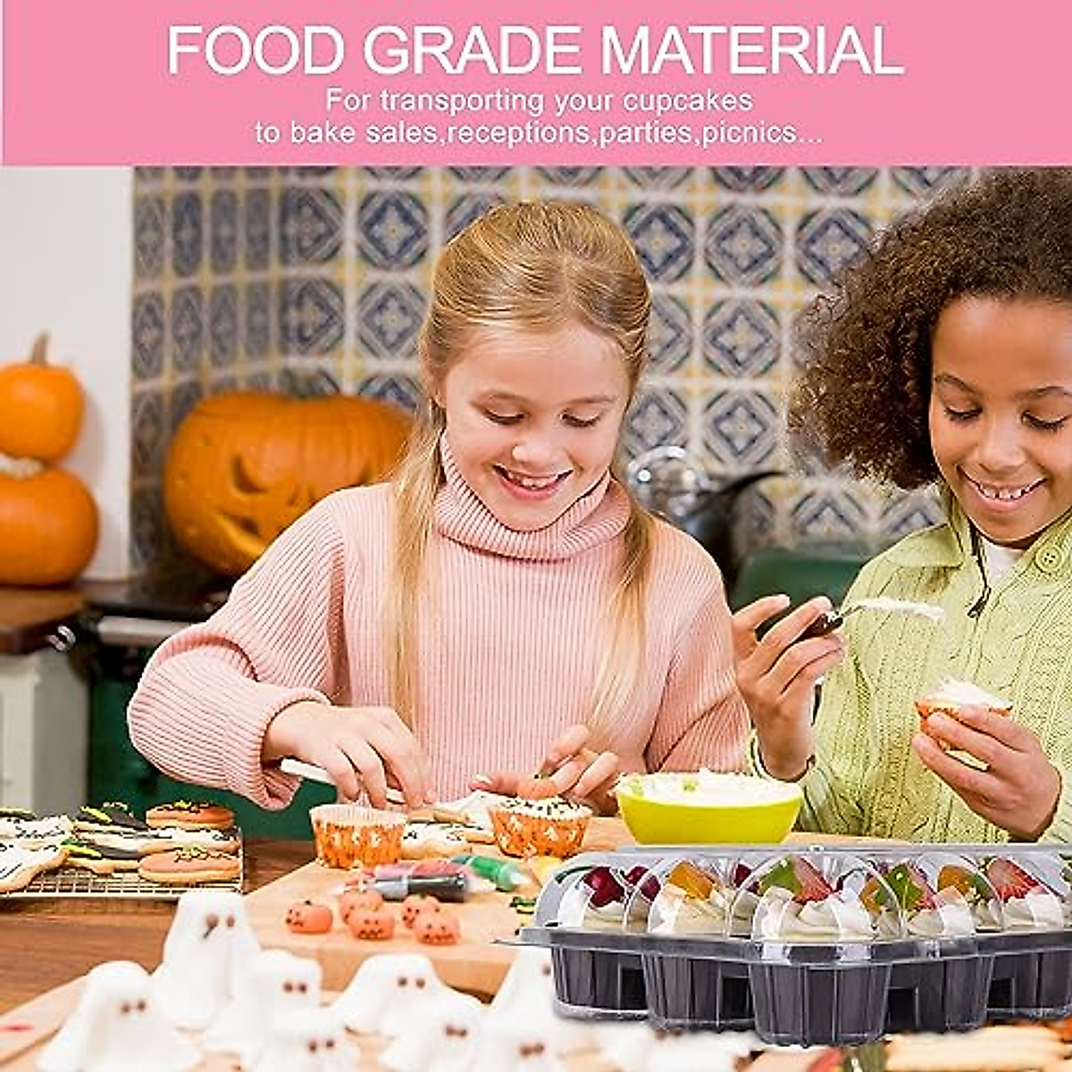 AUKUS (12 packs X 12 sets Cupcake Containers, Cupcake Carrier Holders,Deep Dome, Transparent Disposable with 150 Pack Cupcake liners and 15 forks