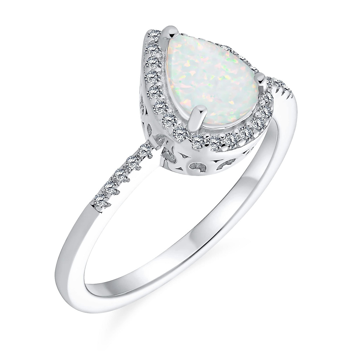 Personalized Dainty Gemstone Pear Shape Teardrop Micro Pave CZ Halo 2-3CTW Created White Opal Ring For Women .925 Sterling Silver October Birthstone