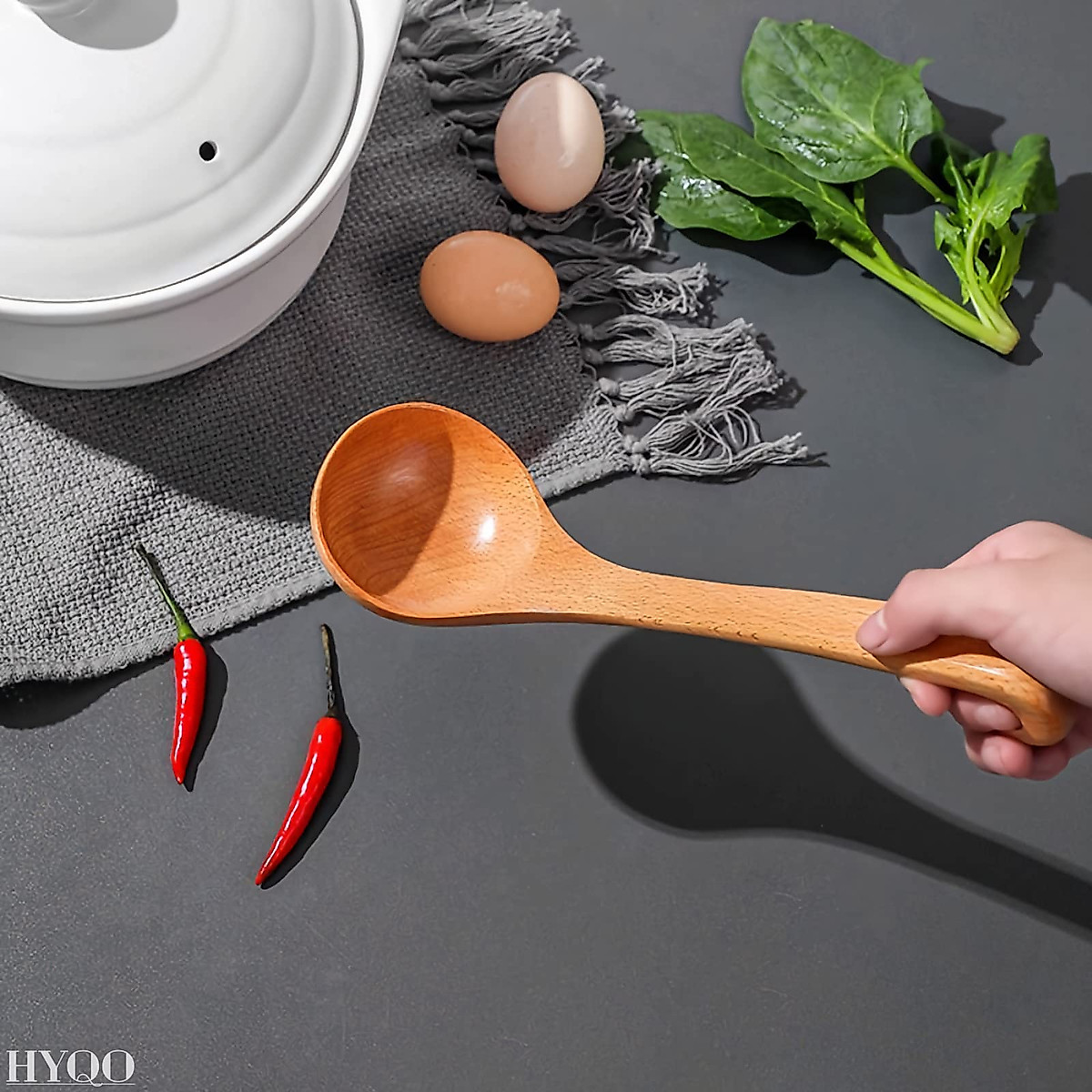 Wooden Ladle for Soup - 10.8x2.8" Wood Ladle with Deep Scoop, Hanging Hook, and Lacquer Coating for a Comfortable Grip, Easy to Clean and Store - Hard Thermostable, Long Soup Spoon for Kitchen