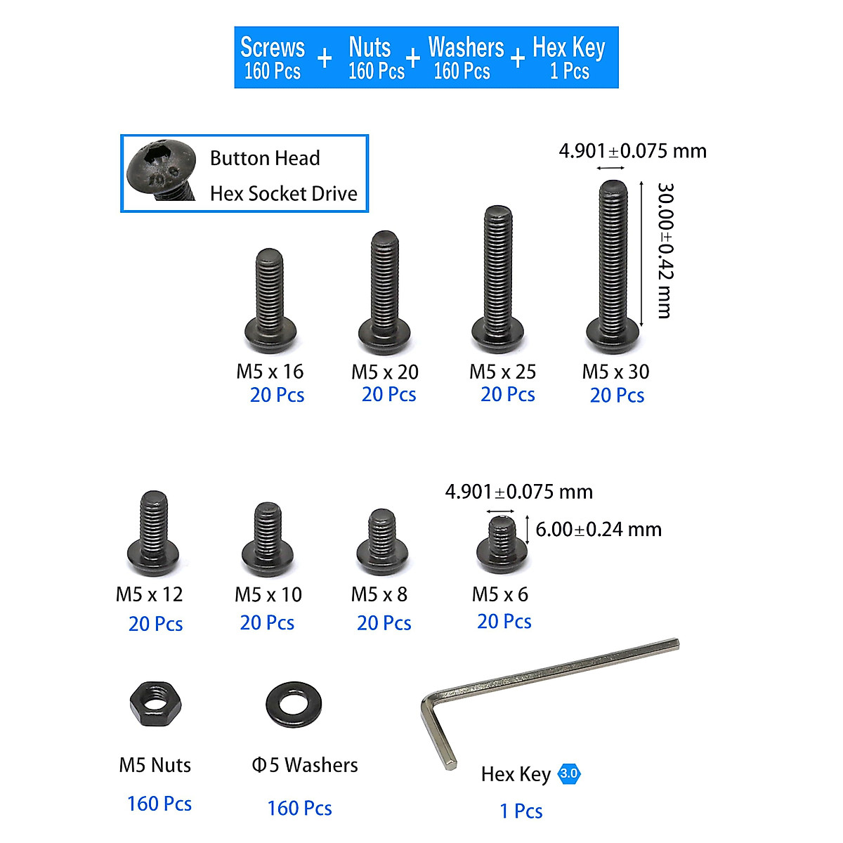iexcell 480 Pcs M5 x 6/8/10/12/16/20/25/30 Alloy Steel 10.9 Grade Hex Socket Button Head Cap Screws Bolts Nuts Assortment Kit, Black Oxide Finish