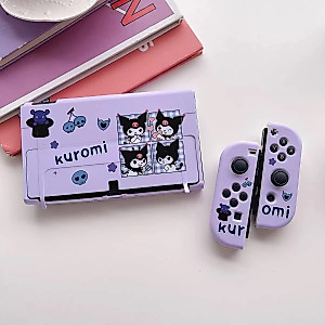 Cute Kuromi Case Compatible with Nintendo Switch OLED, Dockable Case Cover, Ergonomic Soft TPU Grip Case for Joycon, Sparkle Skin Set