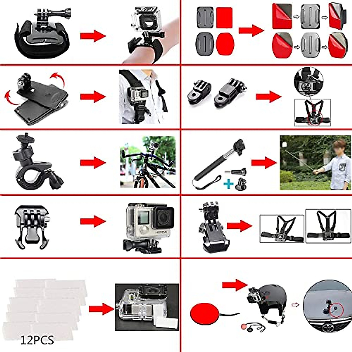 Black pro 60 in 1 Camera Accessories Kit Compatible with GoPro Hero 11 10 9 8 7, GoPro Max, GoPro Fusion, DJI Osmo Action, AKASO, APEMAN, Campark, SJCAM