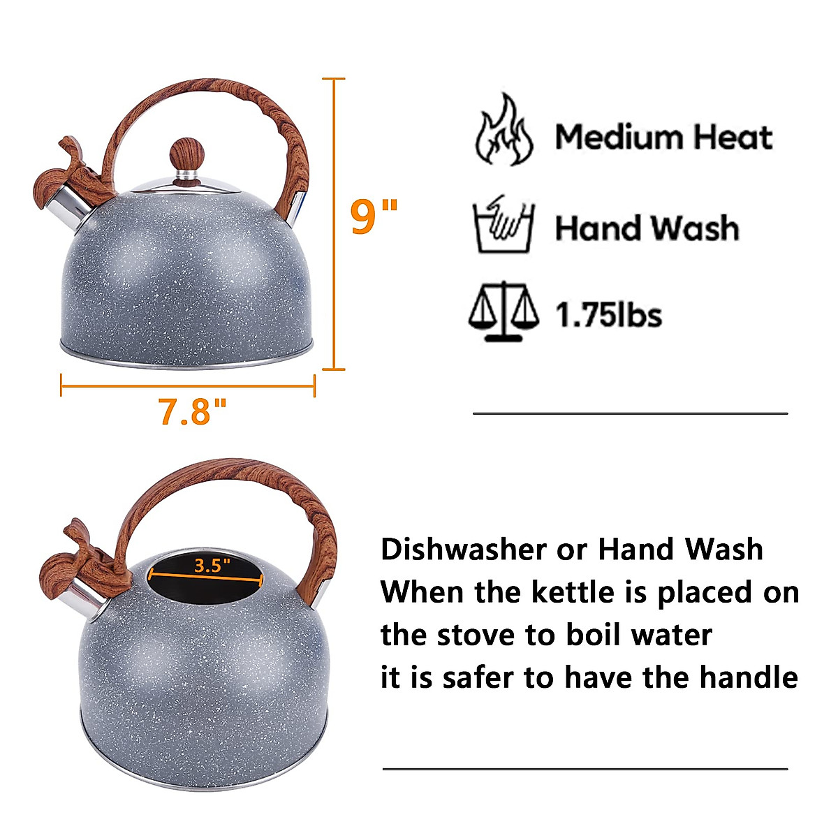Foedo Tea Kettle for Stove Top, 102 OZ / 3 Liter Tea Pots for Stove Top, Whistling Tea Kettle Food Grade Stainless Steel with Wood Pattern Handle for Tea, Coffee, Milk（Grey）