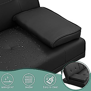 Lunale Futon Sofa Bed, Convertible Tufted Futon Sofa Couch with 2 Cup Holders, Modern Leather Futon Couch with Removable Armrest for Apartment Living Room Small Space, Sleeper Sofa, Black