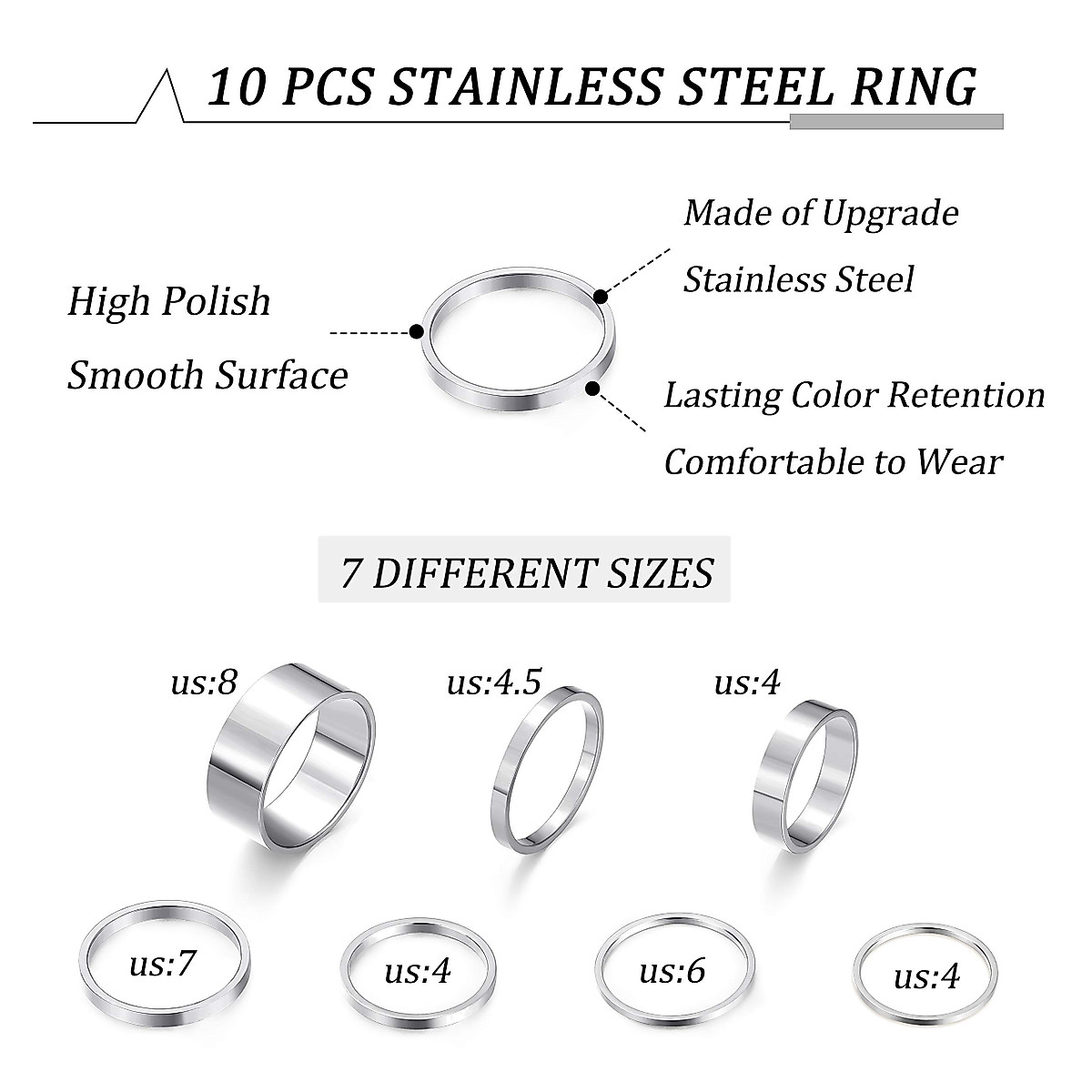HAIAISO 10 Pcs Knuckle Rings Set Stainless Steel Ring Simple Smooth Finger Silver Stackable Rings Set for Women Plain Band Rings…
